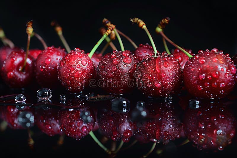 Dewy Cherries on Black Background Stock Illustration - Illustration of ...