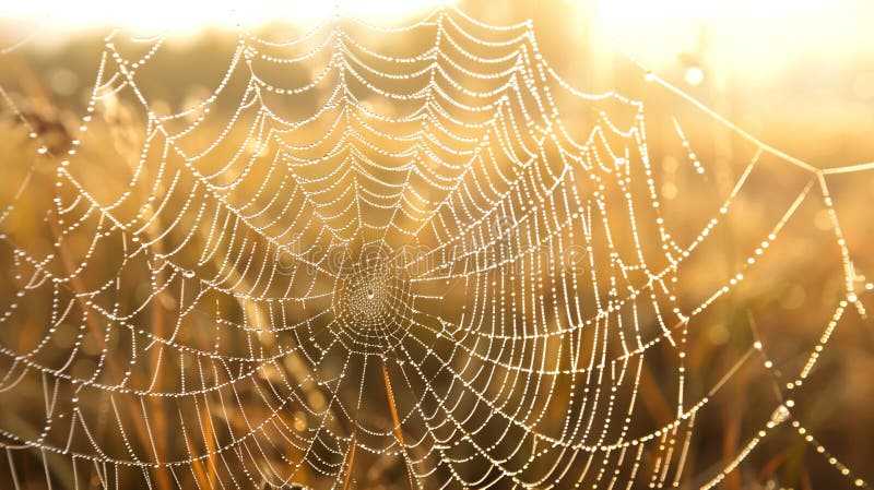 A Close-up of a Dew-covered Spider Web in a Meadow, with the Morning ...