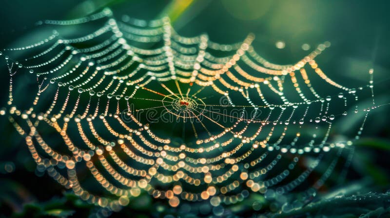 Close Up of a Dew Covered Spider Web with a Tiny Spider Amidst Blurred ...
