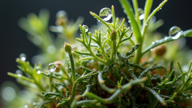 Close-up of Dew-drenched Green Plant with Fresh Leaves and Water ...