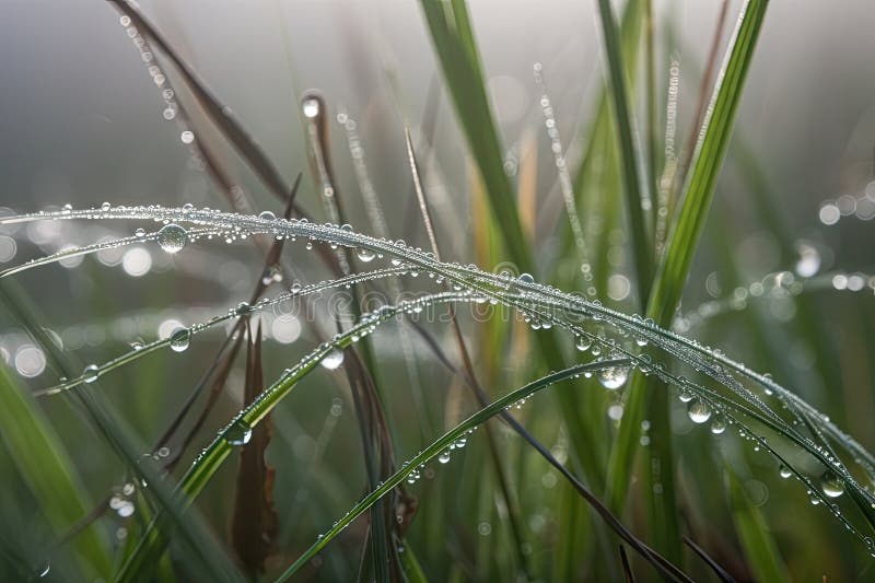 Close-up of Dew Drops on a Blade of Grass in the Misty Morning Meadow ...
