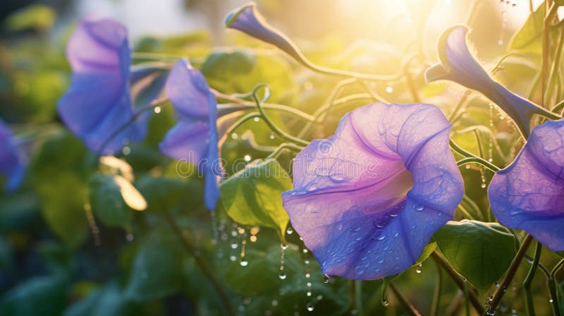 A Close-up of Dew-kissed Morning Glory Vines in Soft Morning Light ...