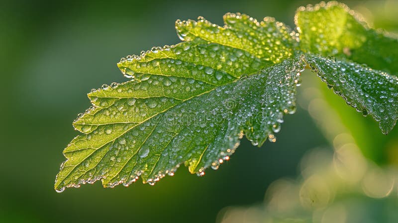 A Close-up of Dew on a Leaf, with the Sun Rays Creating Sparkling ...