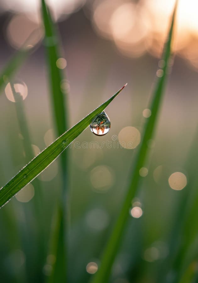 Close-up of Dewdrop on a Blade of Grass at Sunrise Stock Photo - Image ...