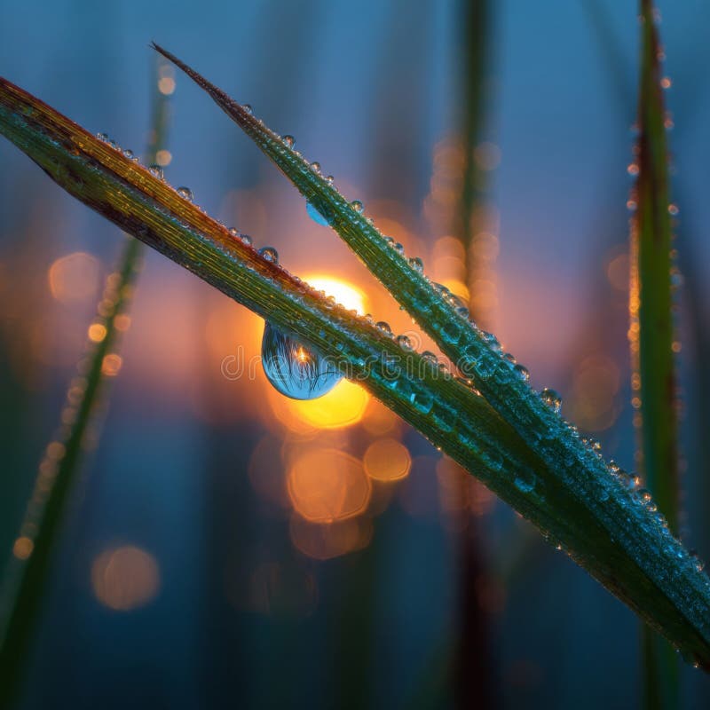 Close-up of Dewdrop on Grass Blades at Sunrise Stock Illustration ...