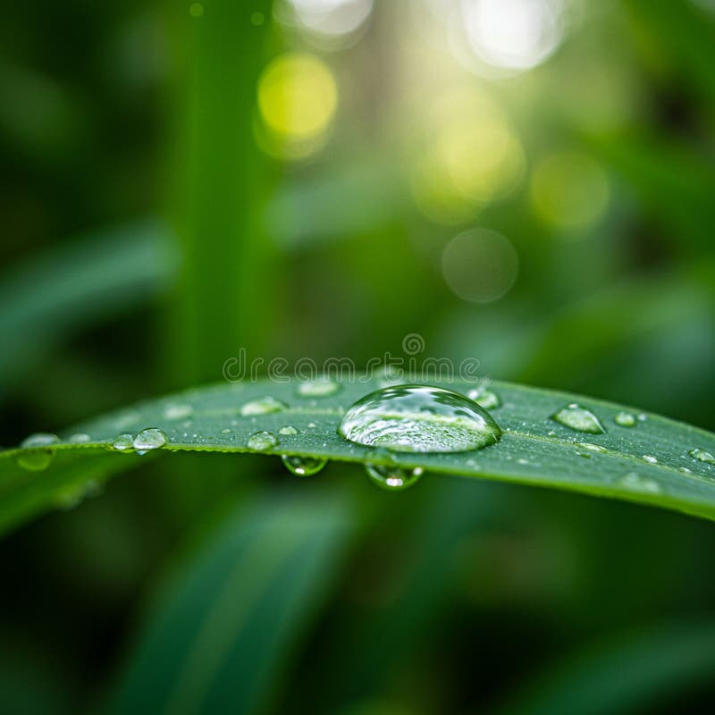 Close-up of a Dewdrop on a Green Leaf, Showcasing Surface Tension and ...