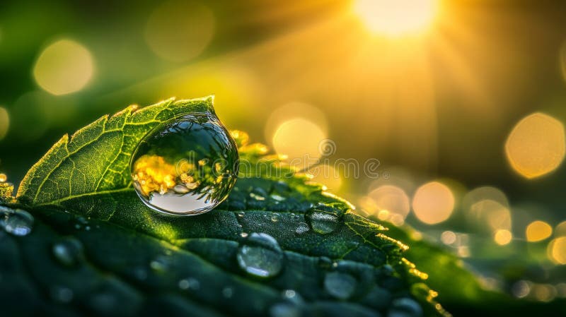 Close Up Dewdrop on Green Leaf at Sunrise Stock Illustration ...