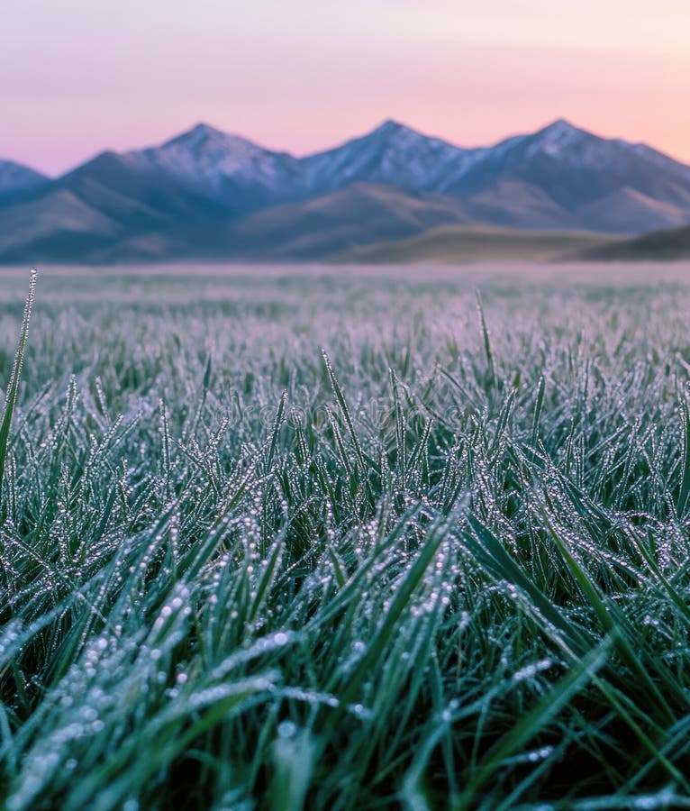 Close-up of Dewy Grass in a Field with a Mountain Range in the ...