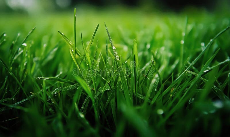 Close-up of Dewy Green Grass Blades in Natural Light with Soft Focus ...