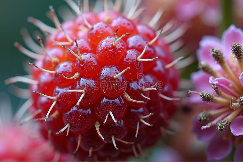 Close-up of Dewy Red Berry with Pink Flowers in Natural Setting Stock ...