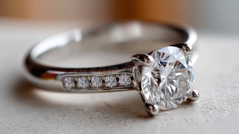 Close-up of a Diamond Engagement Ring on a Light Surface. Stock Image ...