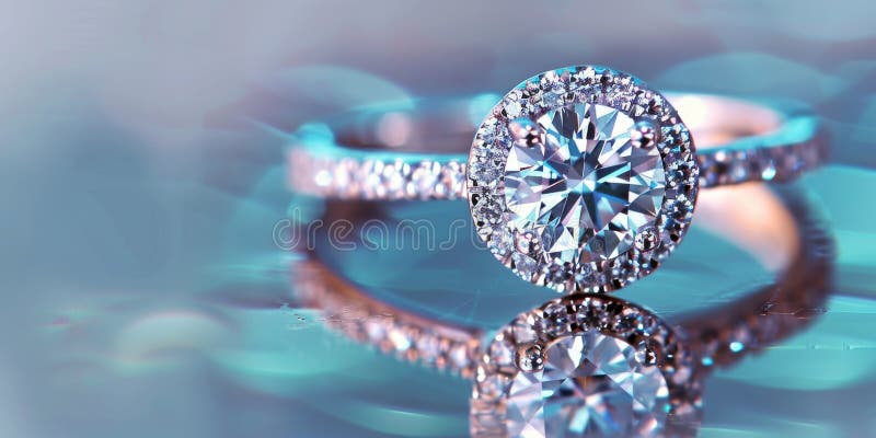 Close-Up of Diamond Engagement Ring on Reflective Surface. Luxurious ...