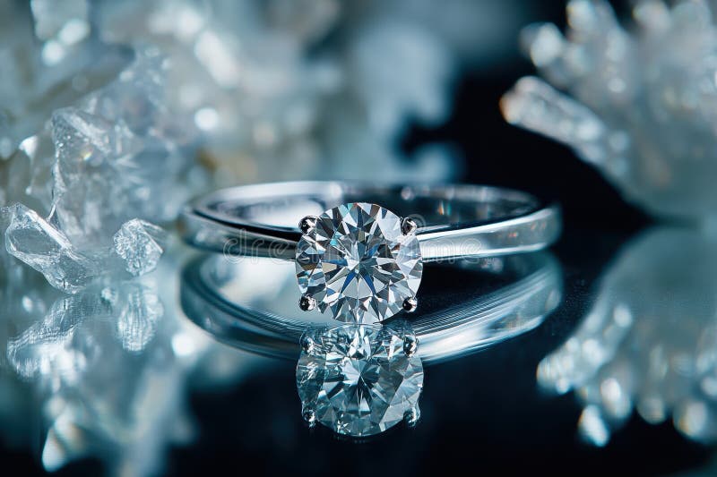 A Close-up of a Diamond Ring Reflecting on a Surface, Surrounded by ...