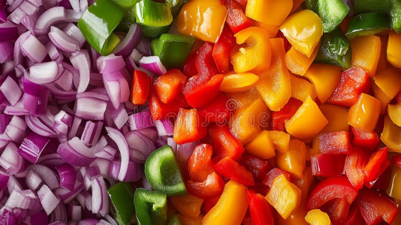 Close-up of Diced Red Onion, Green Pepper, Red Pepper, and Yellow ...