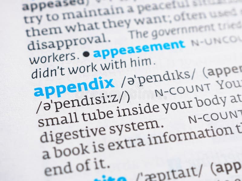 Close-up of a Dictionary Page with the Word â€œappendix.â€ Text ...