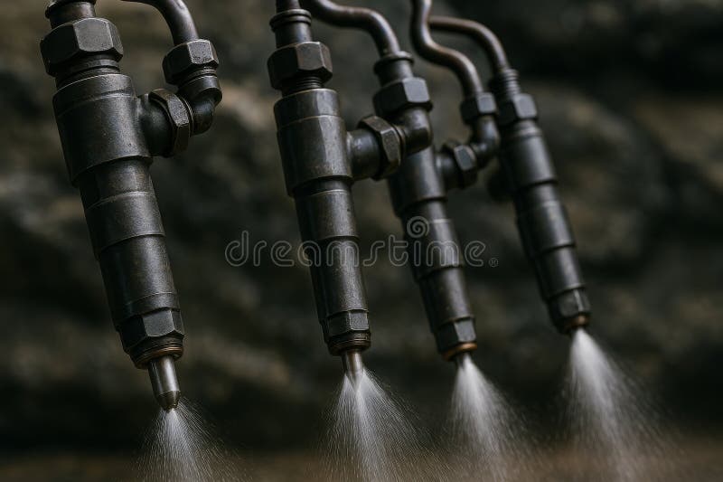 Close-up of Diesel Injectors Spraying Precise Fuel Mist Under High ...