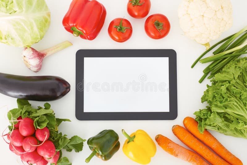 Close Up of Blank Tablet Pc Screen and Vegetables. Stock Image - Image ...