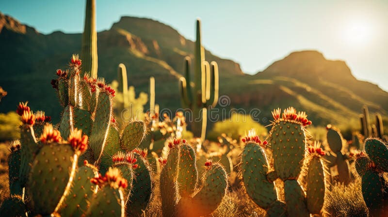 Close-up of Different Cacti Against a Desert Background. Sweltering ...
