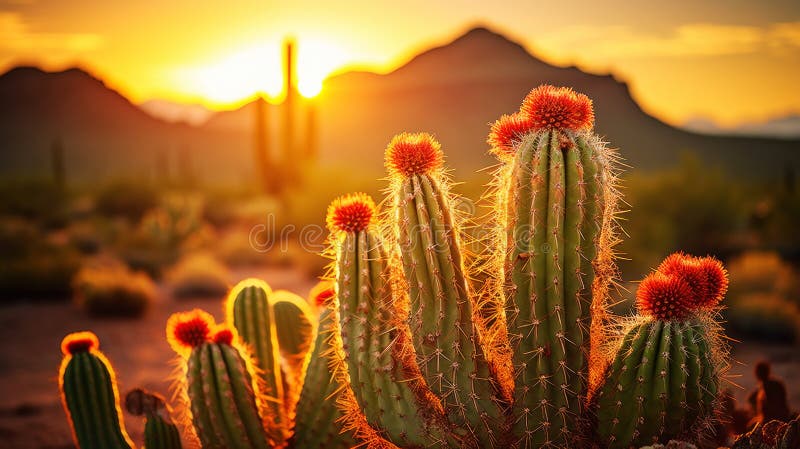 Close-up of Different Cacti Against a Desert Background. Sweltering ...