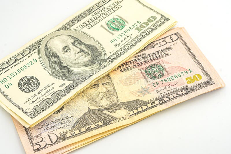 Close Up of Different Dollar Bills. Isolated on a White Background. 100 ...