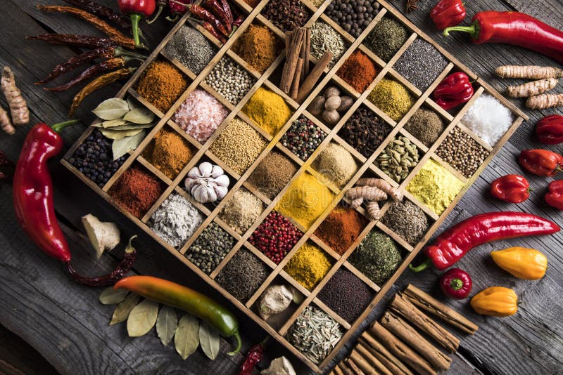 Assorted Spices in a Wooden Box Stock Image - Image of cooking, frame ...