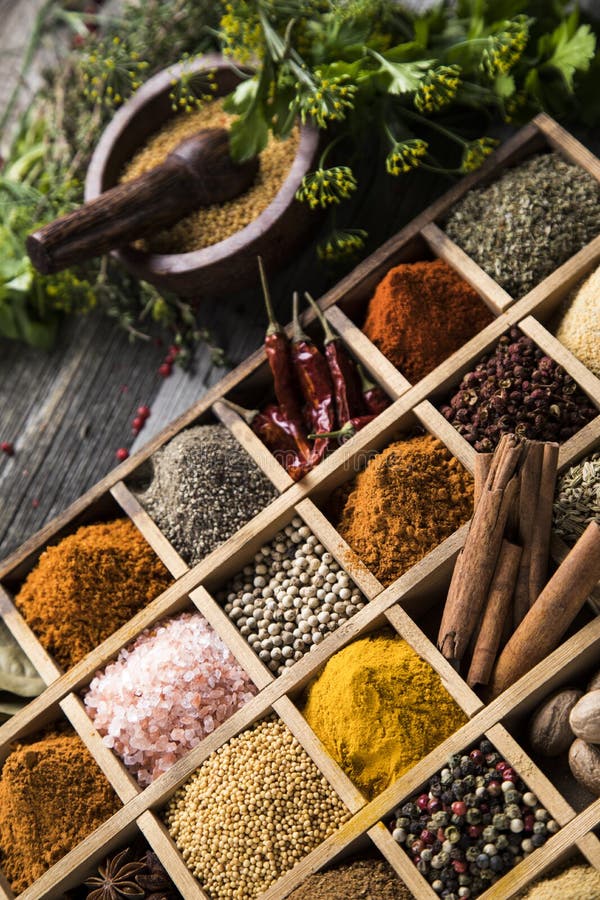 Assorted Spices in a Wooden Box Stock Image - Image of ginger, chili ...