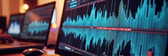 Close-up of Digital Audio Waveforms on Computer Screens in a Recording ...
