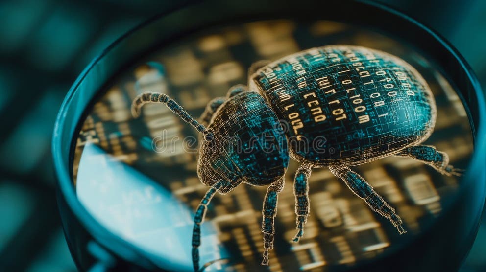 Close-up of a Digital Bug on a Circuit Board Under a Magnifying Glass ...