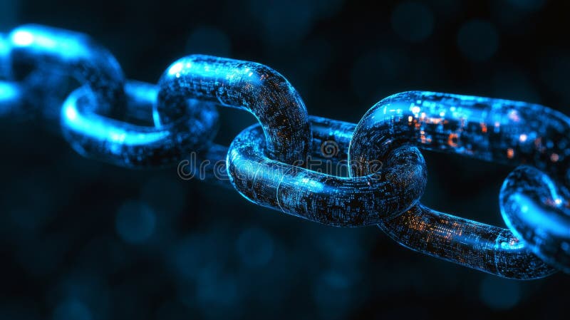Close-up of Digital Chain Link with Data Imprint and Blue Lighting ...