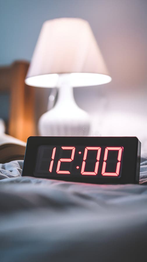 Digital Clock Shows 1200 on Bedside Table with Blurred Lamp and Book ...