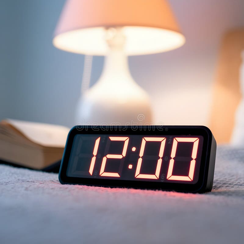 Digital Clock Shows 1200 on Bedside Table with Blurred Lamp and Book ...