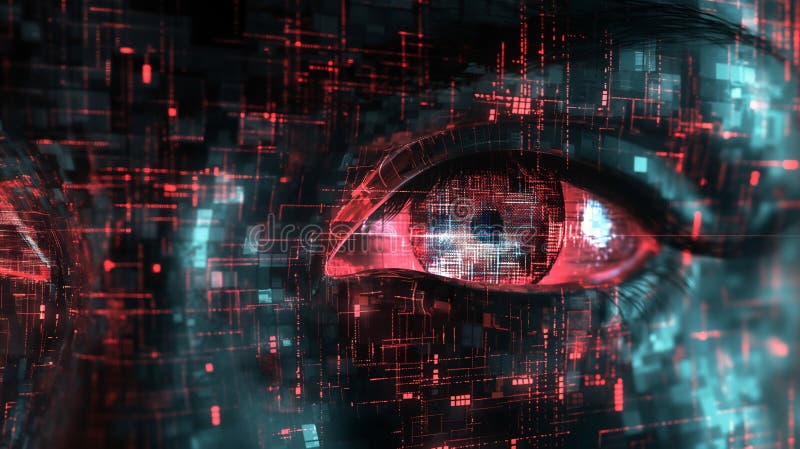A Close-up of a Digital Eye with Red and Blue Matrix Patterns ...
