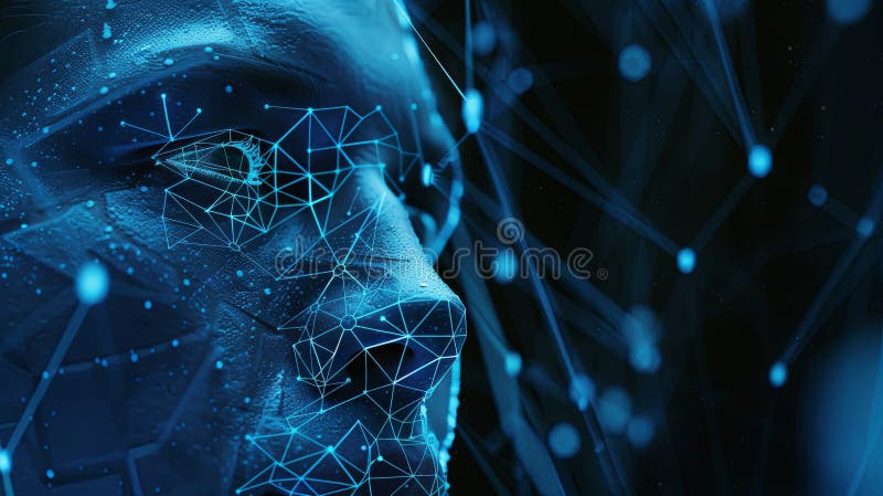 A Close-up of a Digital Face, Covered in a Complex Network of Lines and ...