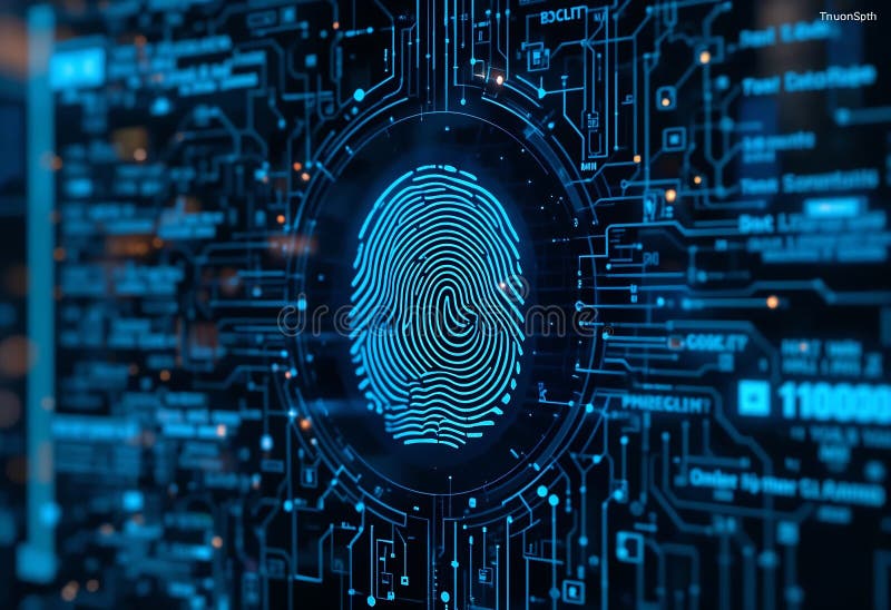 Digital Fingerprint Amidst a Glowing Blue Circuit Board, Technology and ...