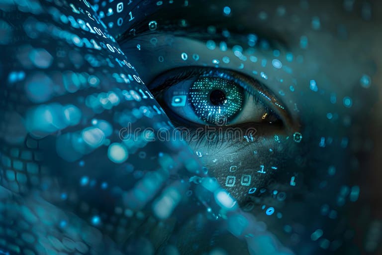 Close-up of Digital Human Eye with Futuristic Data Interface and Binary ...