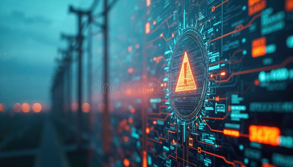 Close-up Digital Interface Cyber-attack Electrical Grid. Warning Alert ...