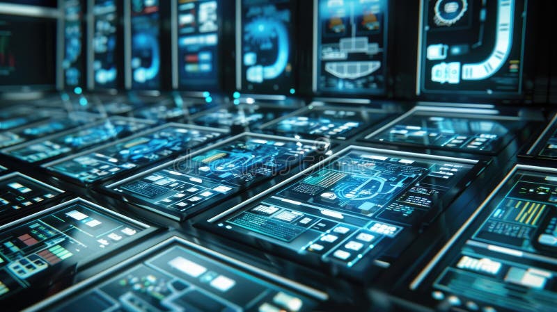 Close-up Digital Interface with Sleek Black Panels and Glowing Blue ...