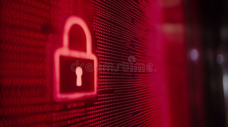 Close Up of Digital Lock Symbol on Screen with Red Background Stock ...