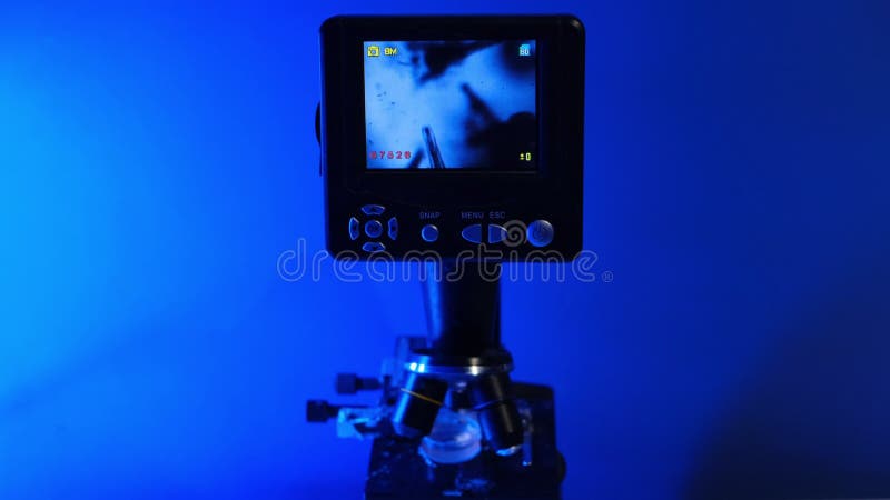 Close-up of a Digital Microscope with a Display Screen Showing Moving ...