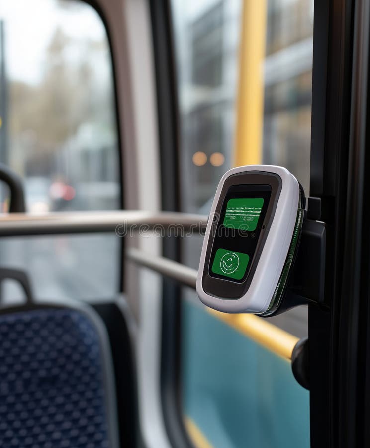 Close-up of a Digital Payment Device in a Public Bus, Showcasing Modern ...