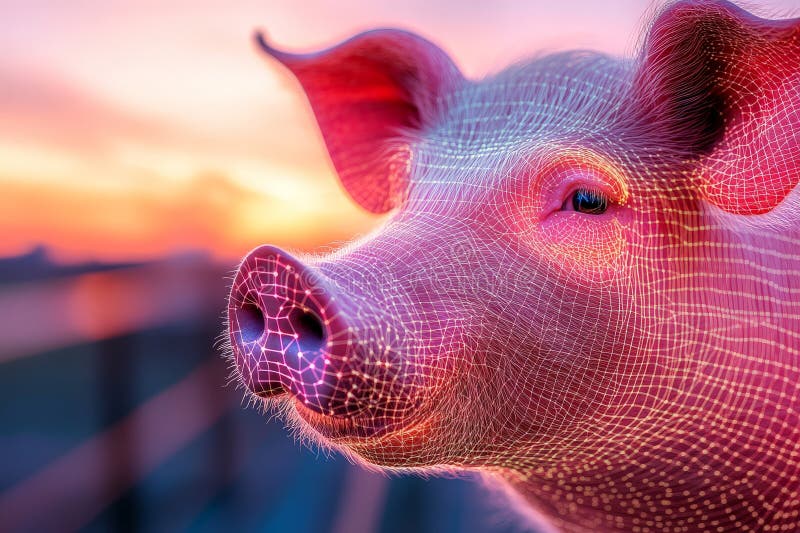 Close Up of a Digital Pig Head with a Wireframe Neon Cybernetic Effect ...