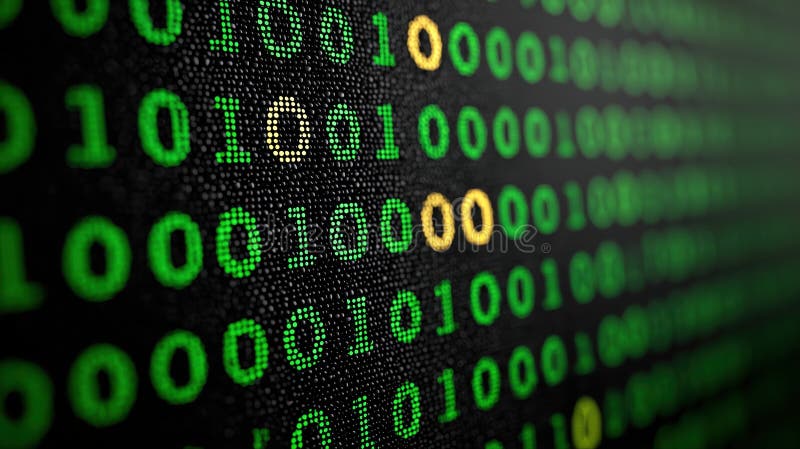 Lose-up View of Green Binary Code on Black Screen with Highlighted Digits Stock Illustration ...
