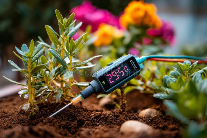 Close-up of Digital Soil Sensor Probe Measuring Temperature in Garden ...