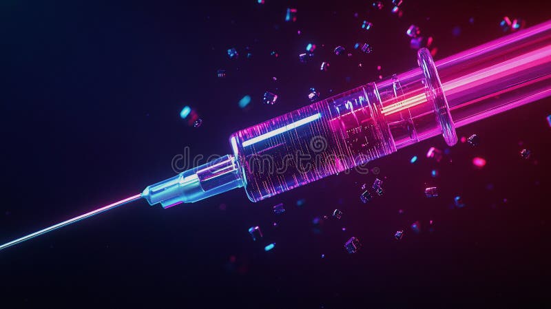 Close-up of a Digital Syringe with Glowing Particles in a Futuristic ...