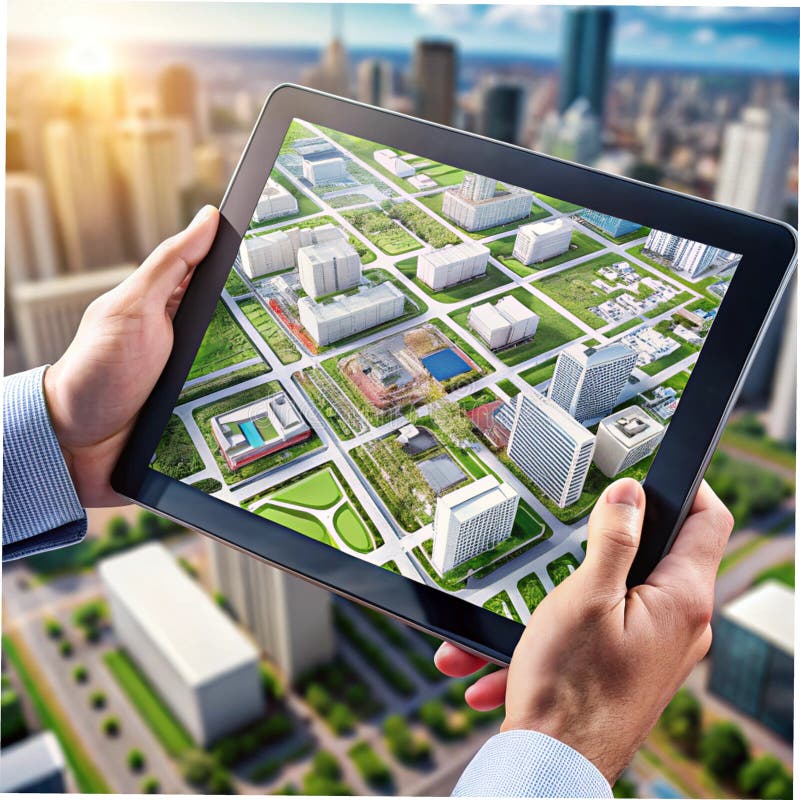 Close-up of a Digital Tablet Displaying a Virtual Map, Smart City, and Augmented Reality Stock ...