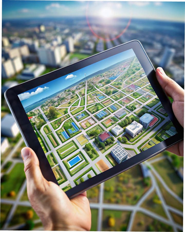Close-up of a Digital Tablet Displaying a Virtual Map, Smart City, and ...