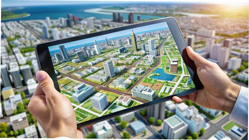 Close-up of a Digital Tablet Displaying a Virtual Map, Smart City, and ...