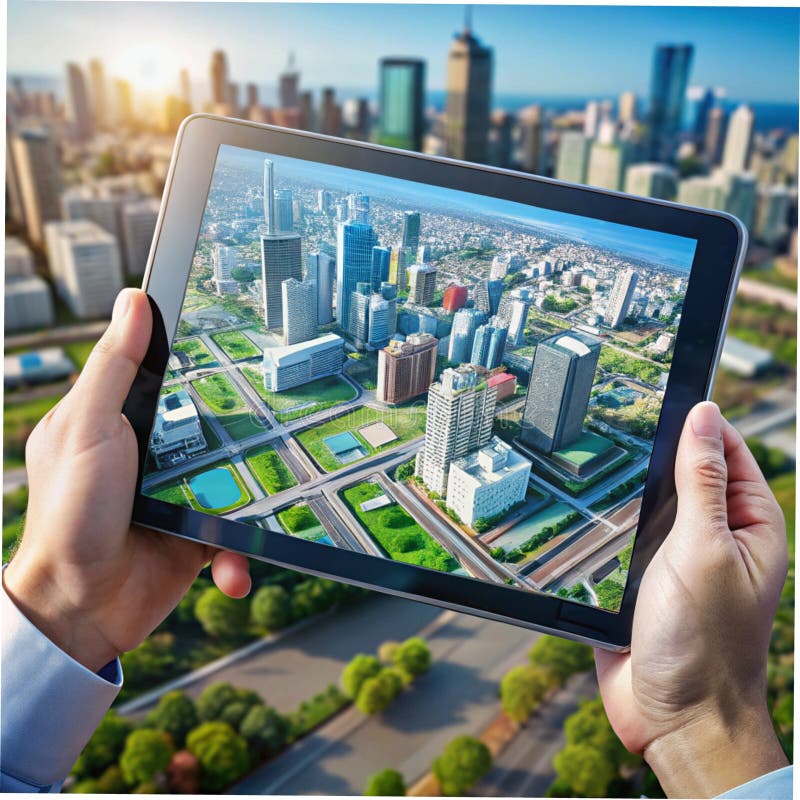 Close-up of a Digital Tablet Displaying a Virtual Map, Smart City, and ...