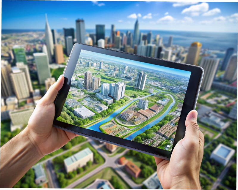 Close-up of a Digital Tablet Displaying a Virtual Map, Smart City, and ...