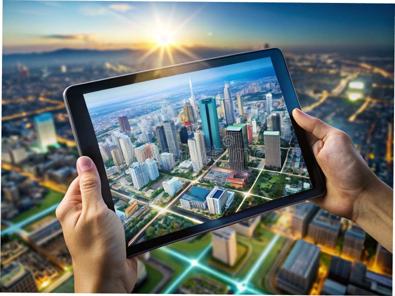 Close-up of a Digital Tablet Displaying a Virtual Map, Smart City, and ...